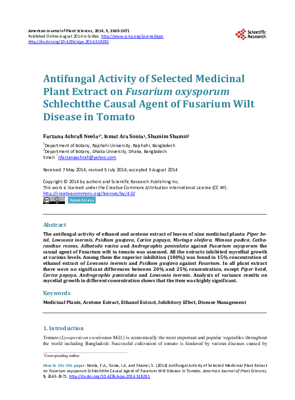 (PDF) Antifungal Activity of Selected Medicinal Plant Extract on Fusarium oxysporum Schlechtthe ...