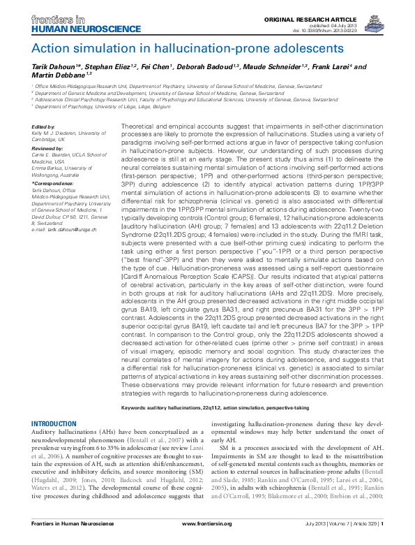 (PDF) Action simulation in hallucination-prone adolescents