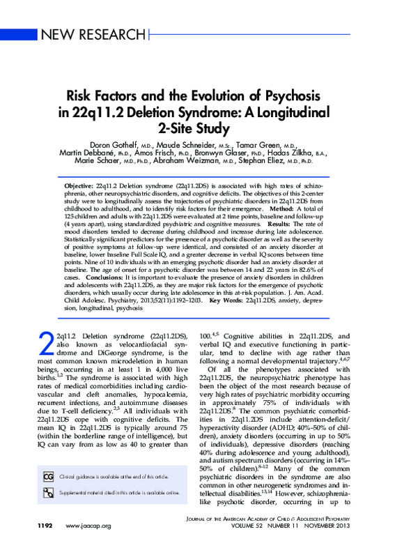 (PDF) Risk Factors and the Evolution of Psychosis in 22q11.2 Deletion Syndrome: A Longitudinal 2 ...