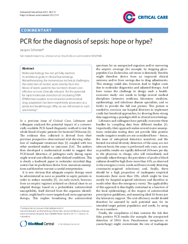 (PDF) PCR for the diagnosis of sepsis: hope or hype?