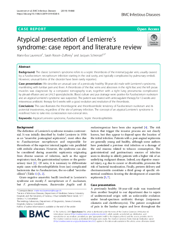 (PDF) Atypical presentation of Lemierre’s syndrome: case report and ...