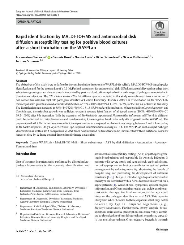 (PDF) Rapid identification by MALDI-TOF/MS and antimicrobial disk ...