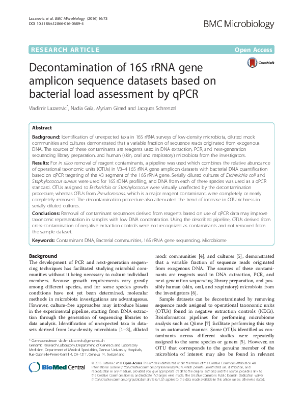 (PDF) Decontamination of 16S rRNA gene amplicon sequence datasets based on bacterial load ...