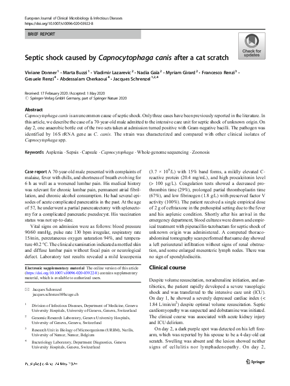 (PDF) Septic shock caused by Capnocytophaga canis after a cat scratch