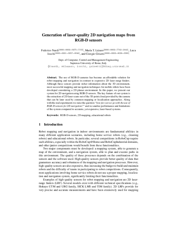 (PDF) Generation of Laser-Quality 2D Navigation Maps from RGB-D Sensors