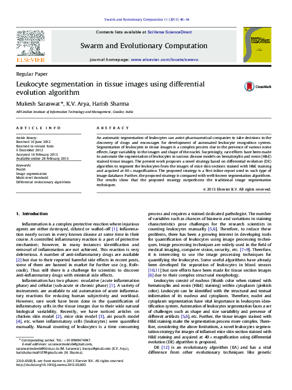 (PDF) Leukocyte segmentation in tissue images using differential evolution algorithm