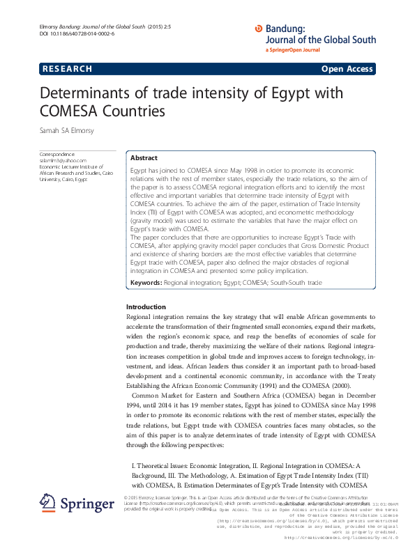 (PDF) Determinants of trade intensity of Egypt with COMESA Countries