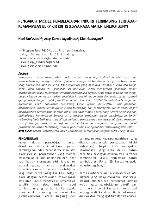 (PDF) Pengaruh Model Pembelajaran Inkuiri Terbimbing Terhadap Kemampuan Berpikir Kritis Siswa ...