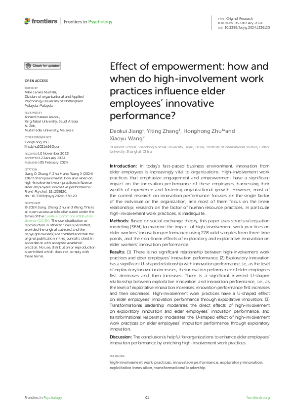 (PDF) Effect of empowerment: how and when do high-involvement work practices influence elder ...