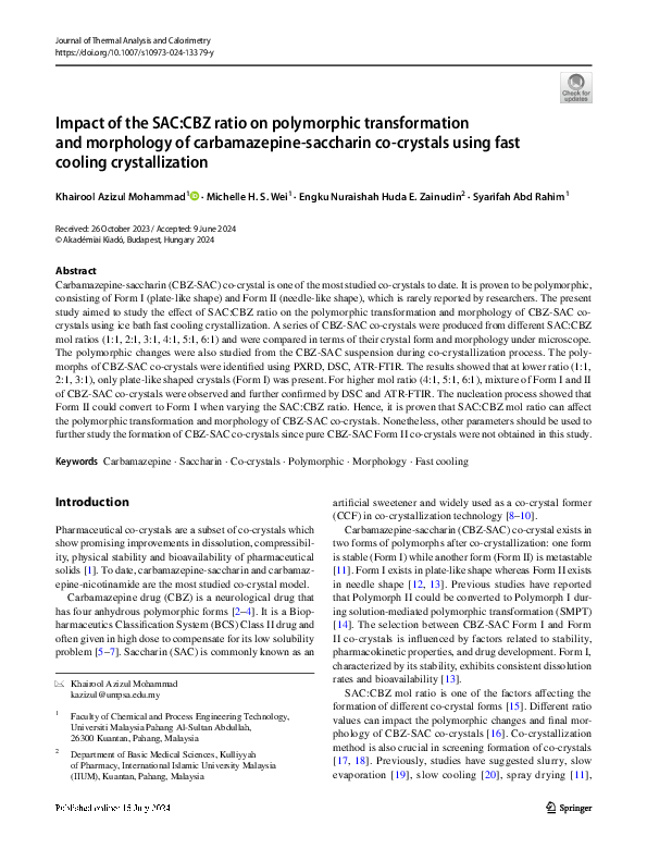 (PDF) Impact of the SAC:CBZ ratio on polymorphic transformation and morphology of carbamazepine ...
