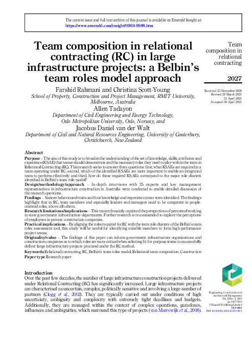 (PDF) Team composition in relational contracting (RC) in large infrastructure projects: a Belbin ...