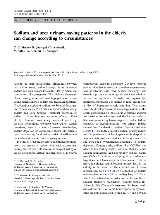(PDF) Sodium and urea urinary saving patterns in the elderly can change ...