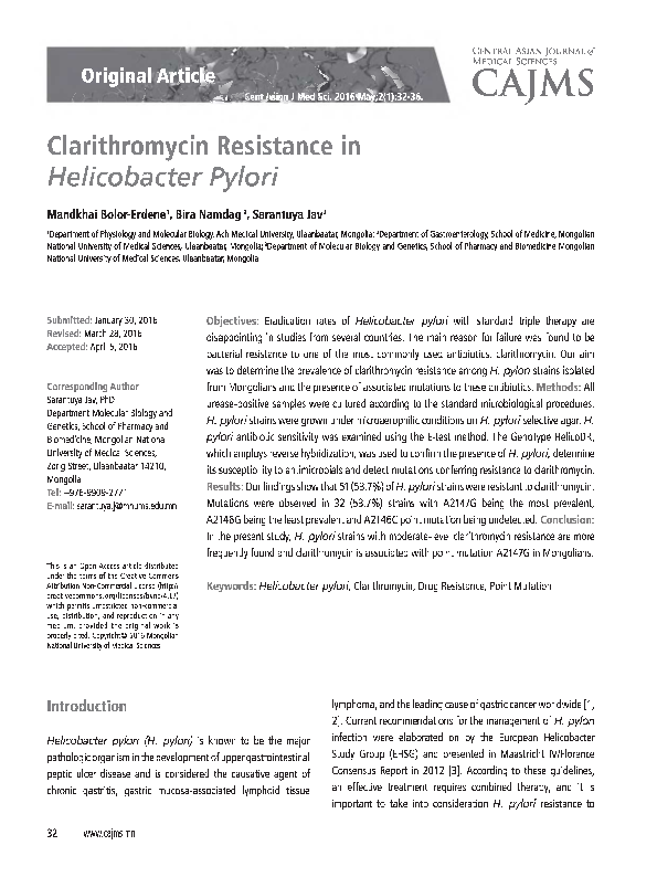 (PDF) Clarithromycin Resistance in Helicobacter Pylori