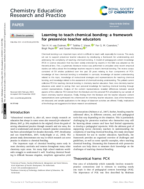 (PDF) Learning to teach chemical bonding: a framework for preservice ...