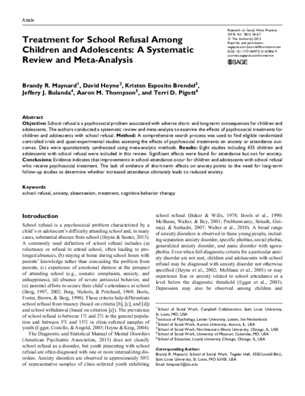 (PDF) Treatment for School Refusal Among Children and Adolescents