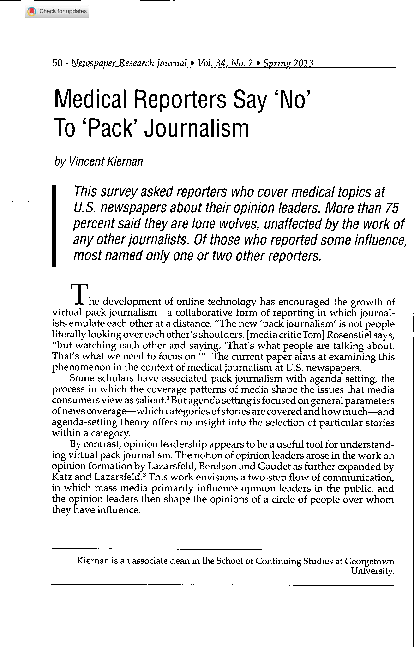 (PDF) Medical Reporters Say ‘No’ to ‘Pack’ Journalism