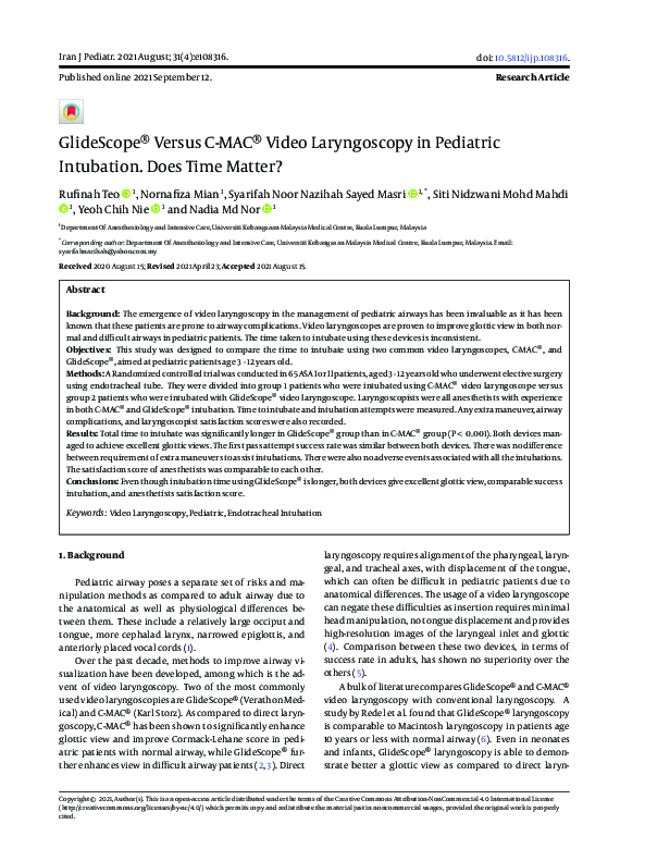 (PDF) GlideScope ® Versus C-MAC ® Video Laryngoscopy in Pediatric ...