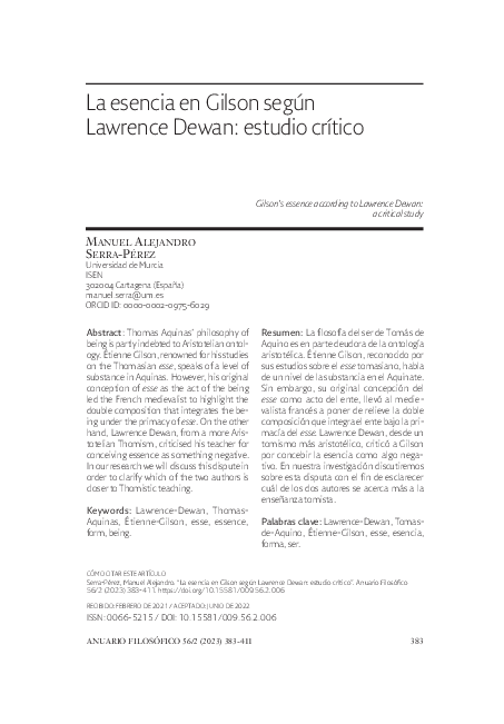 (PDF) La esencia en Gilson según Lawrence Dewan: estudio crítico