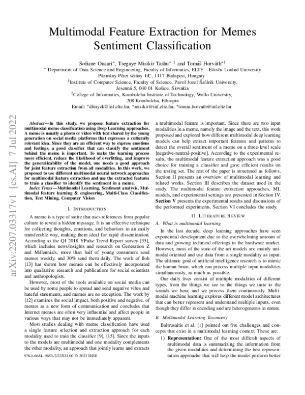 (PDF) Multimodal Feature Extraction for Memes Sentiment Classification (PDF) Multimodal Feature Extraction for Memes Sentiment Classification