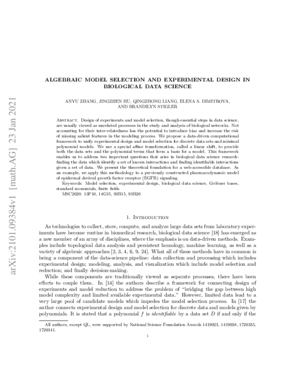 Pdf Algebraic Model Selection And Experimental Design In Biological Data Science