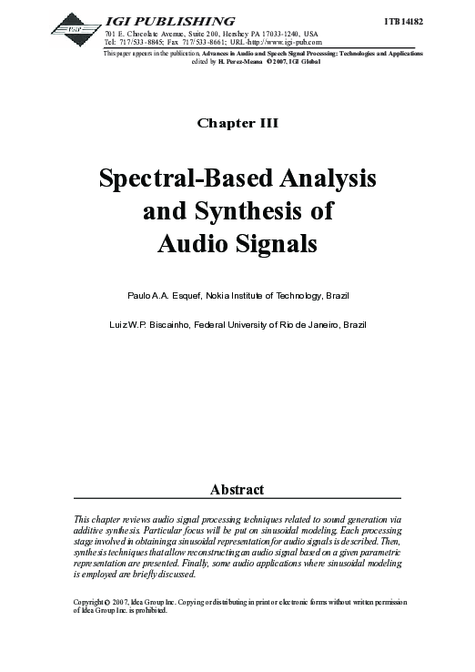 (PDF) Spectral-Based Analysis and Synthesis of Audio Signals