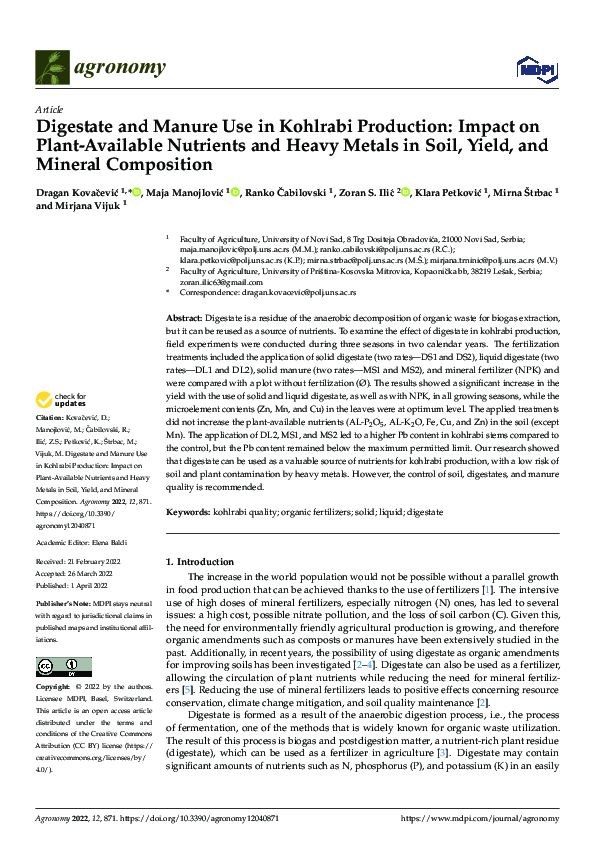 (PDF) Digestate and Manure Use in Kohlrabi Production: Impact on Plant ...