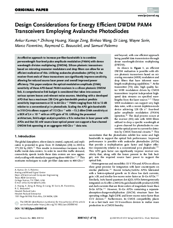 (PDF) Design Considerations for Energy Efficient DWDM PAM4 Transceivers Employing Avalanche ...