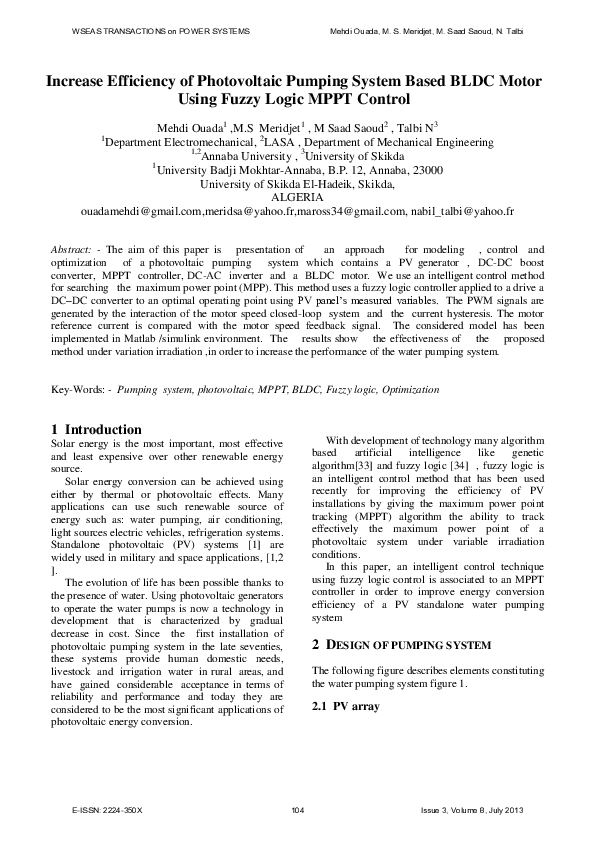 (PDF) Increase Efficiency of Photovoltaic Pumping System Based BLDC Motor Using Fuzzy Logic MPPT ...