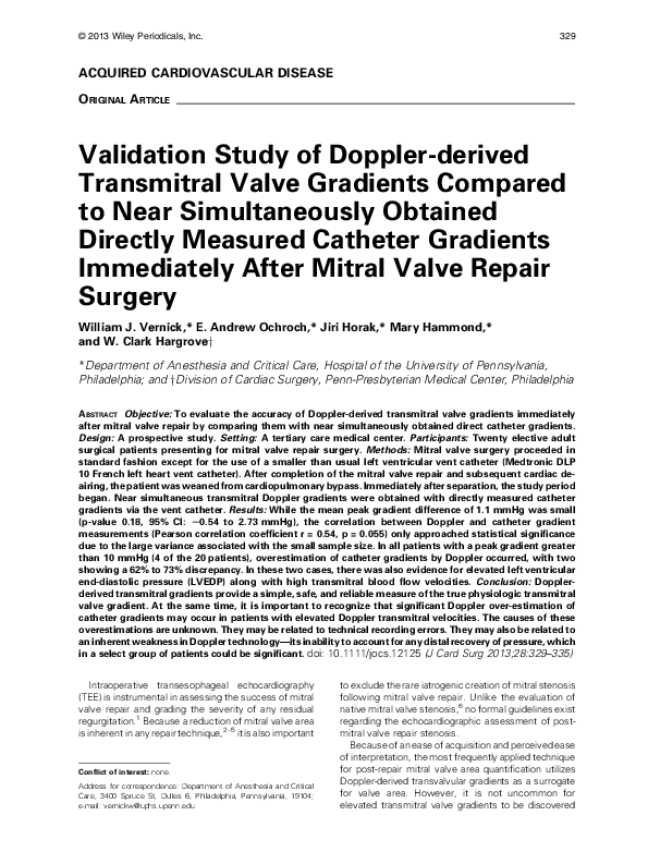 (PDF) Validation Study of Doppler-derived Transmitral Valve Gradients ...