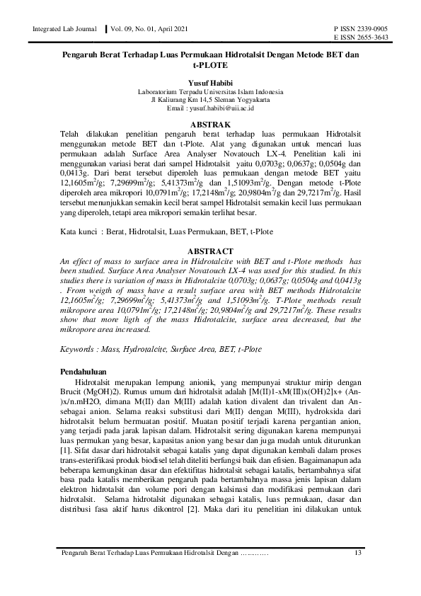 (PDF) Pengaruh Berat Terhadap Luas Permukaan Hidrotalsit Dengan Metode ...