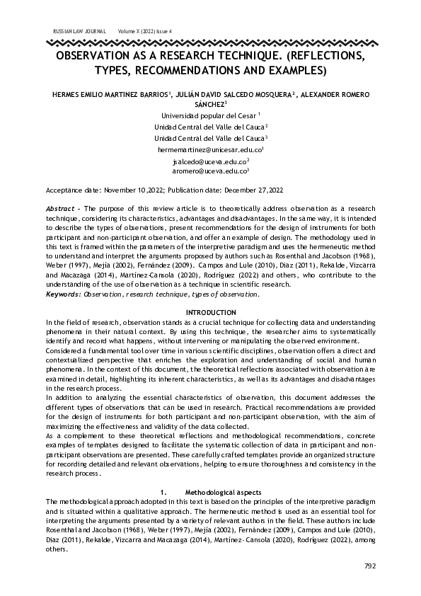 (PDF) OBSERVATION AS A RESEARCH TECHNIQUE. (REFLECTIONS, TYPES ...