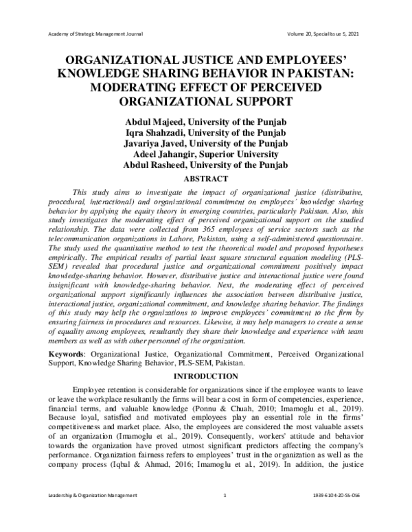 (PDF) Organizational Justice and Employees' Knowledge-Sharing Behavior in Pakistan: Moderating ...