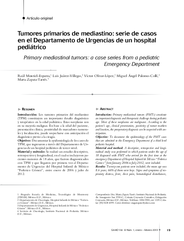 (PDF) Tumores primarios de mediastino: serie de casos en el Departamento de Urgencias de un ...