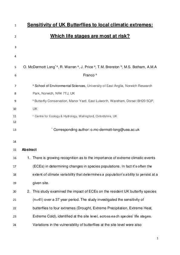 (PDF) Sensitivity of UK butterflies to local climatic extremes: which ...