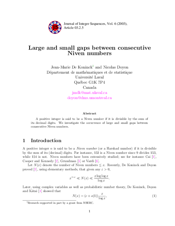 (PDF) Large and Small Gaps Between Consecutive Niven Numbers