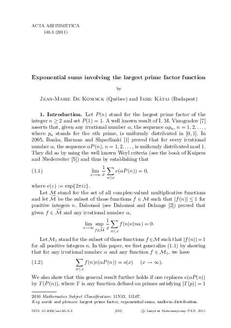 (PDF) Exponential sums involving the largest prime factor function
