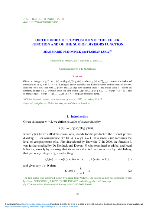 (PDF) On the Index of Composition of the Euler Function and of the Sum of Divisors Function