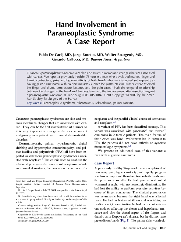 (PDF) Hand Involvement in Paraneoplastic Syndrome: A Case Report