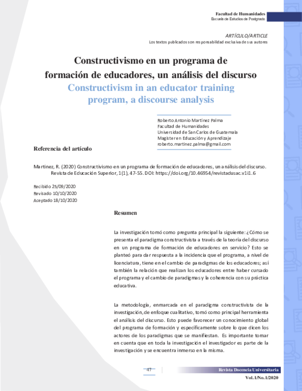 (PDF) Constructivismo en un programa de formación de educadores, un análisis del discurso