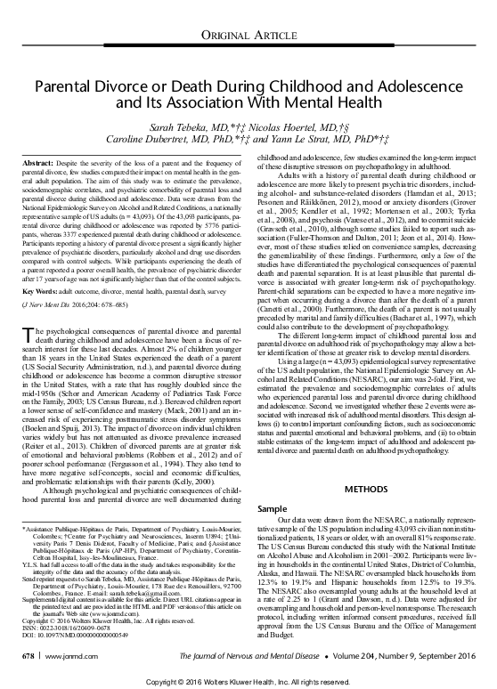 Pdf Parental Divorce Or Death During Childhood And Adolescence And