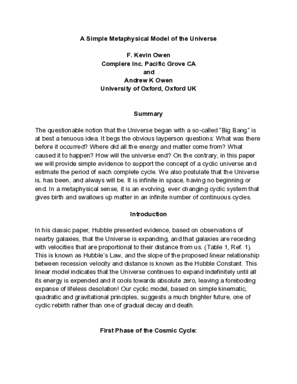 (PDF) A Simple Metaphysical Model of the Universe