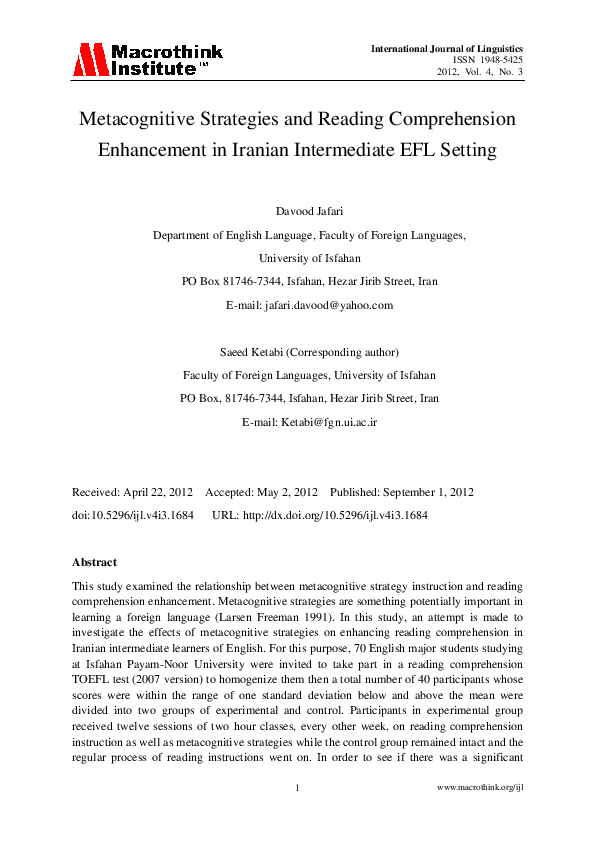 (PDF) Metacognitive strategies and reading comprehension in elementary-school students