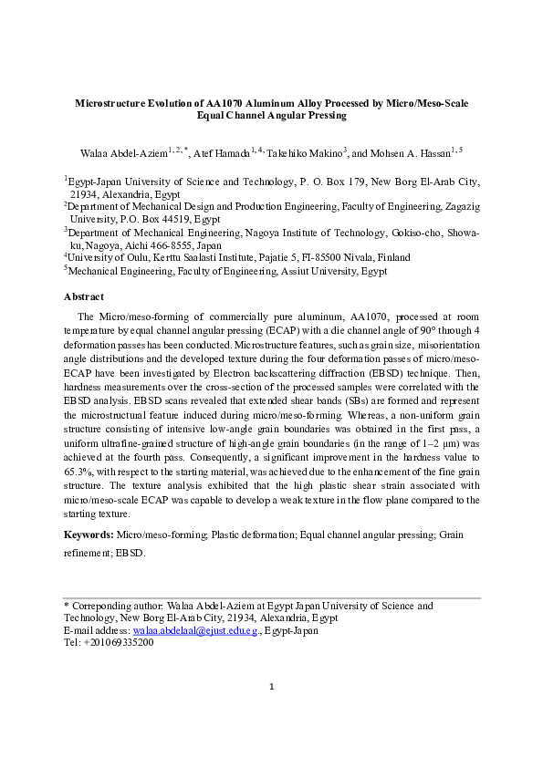 (PDF) Microstructure Evolution of AA1070 Aluminum Alloy Processed by Micro/Meso-Scale Equal ...