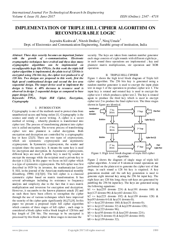 (PDF) Implementation of Triple Hill Cipher Algorithm on Reconfigurable ...
