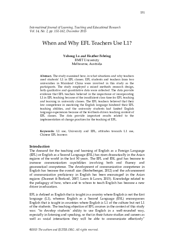 (PDF) When and Why EFL Teachers Use L1