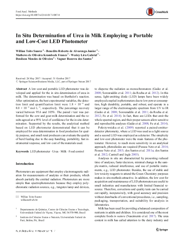 (PDF) In Situ Determination of Urea in Milk Employing a Portable and ...