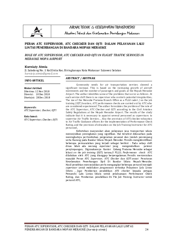 (PDF) Peran ATC Supervisor, ATC Checker dan OJTI dalam Pelayanan Lalu ...
