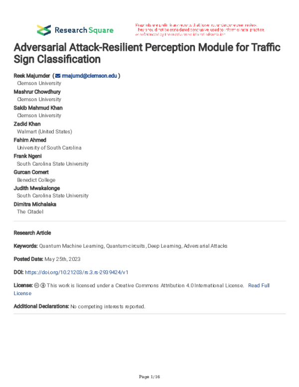 (PDF) Adversarial Attack-Resilient Perception Module for Traffic Sign Classification