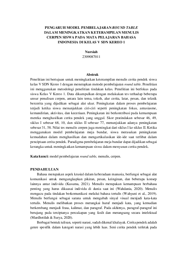 (PDF) PENGARUH MODEL PEMBELAJARAN ROUND TABLE DALAM MENINGKATKAN KETERAMPILAN MENULIS CERPEN ...