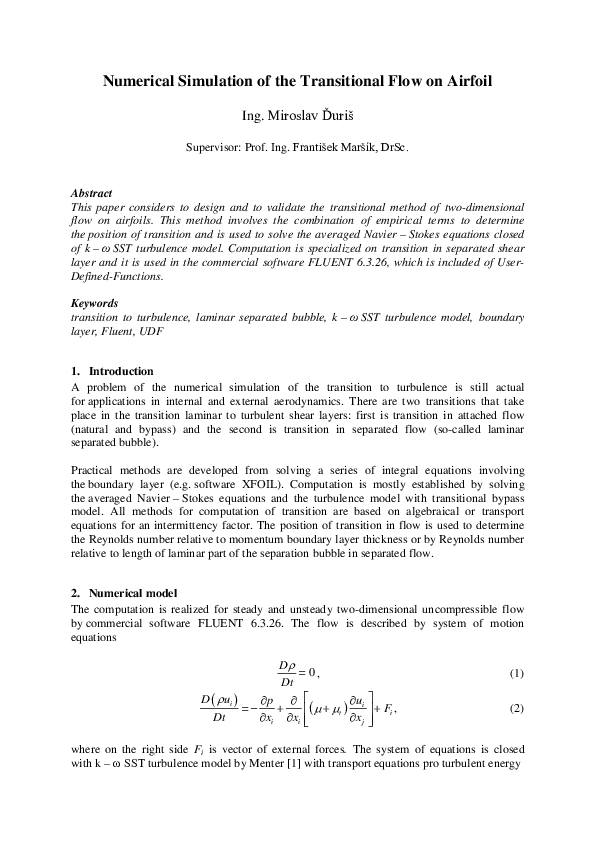 (PDF) Numerical Simulation of the Transitional Flow on Airfoil Ing